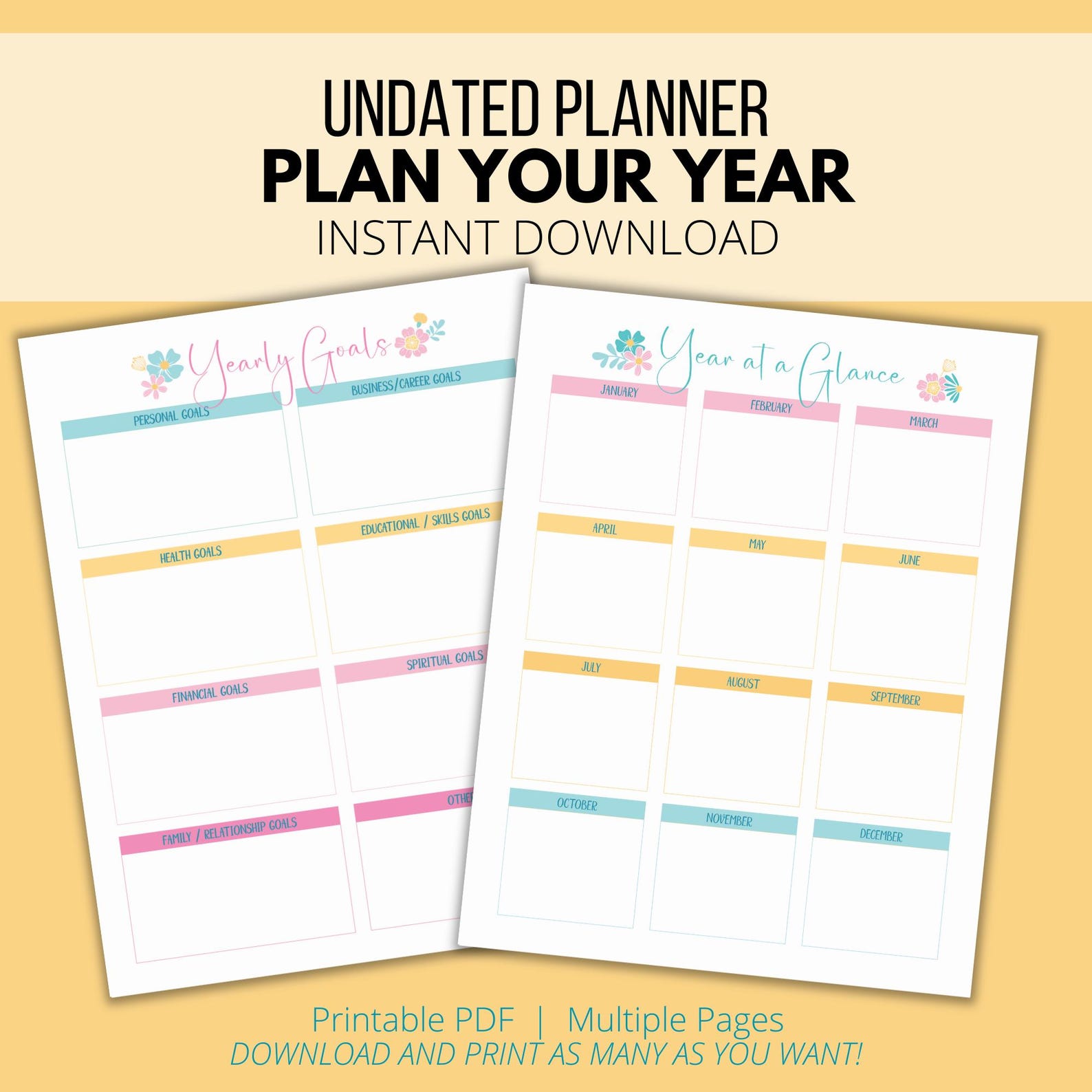 Undated Planner Printable: Yearly, Monthly, Weekly Organizer (digital ...