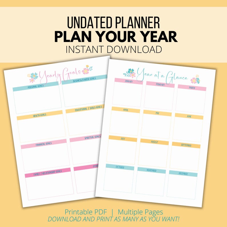Undated Planner Printable: Yearly, Monthly, Weekly Organizer (digital ...