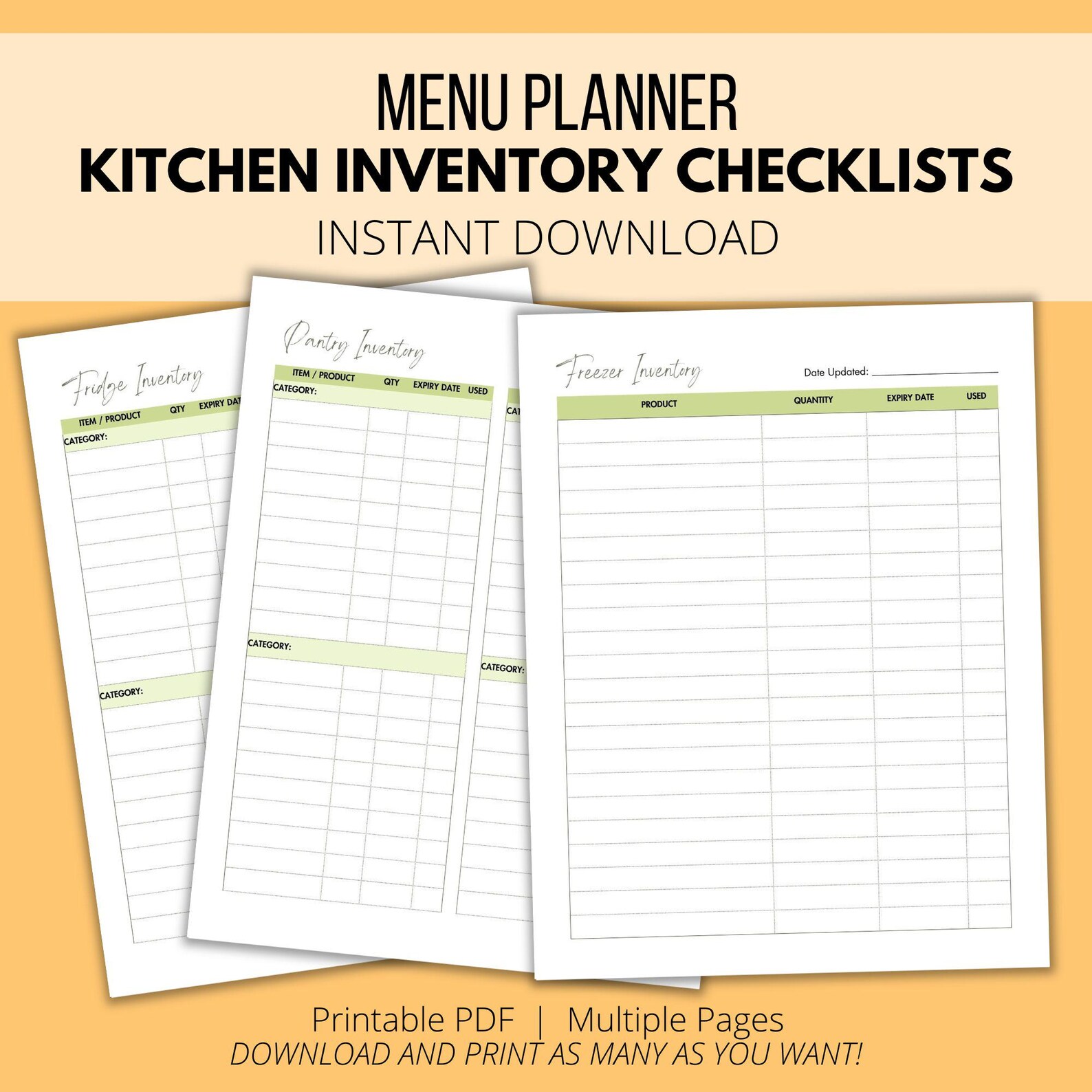 Printable Meal Menu Planner, Kitchen Inventory, Conversion Chart ...