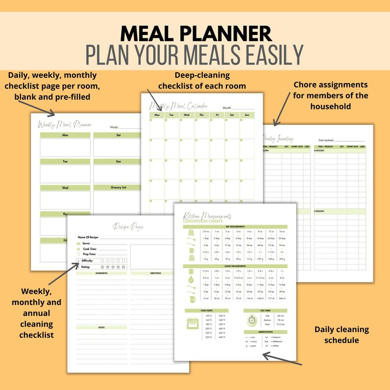 Printable Meal Menu Planner, Kitchen Inventory, Conversion Chart ...