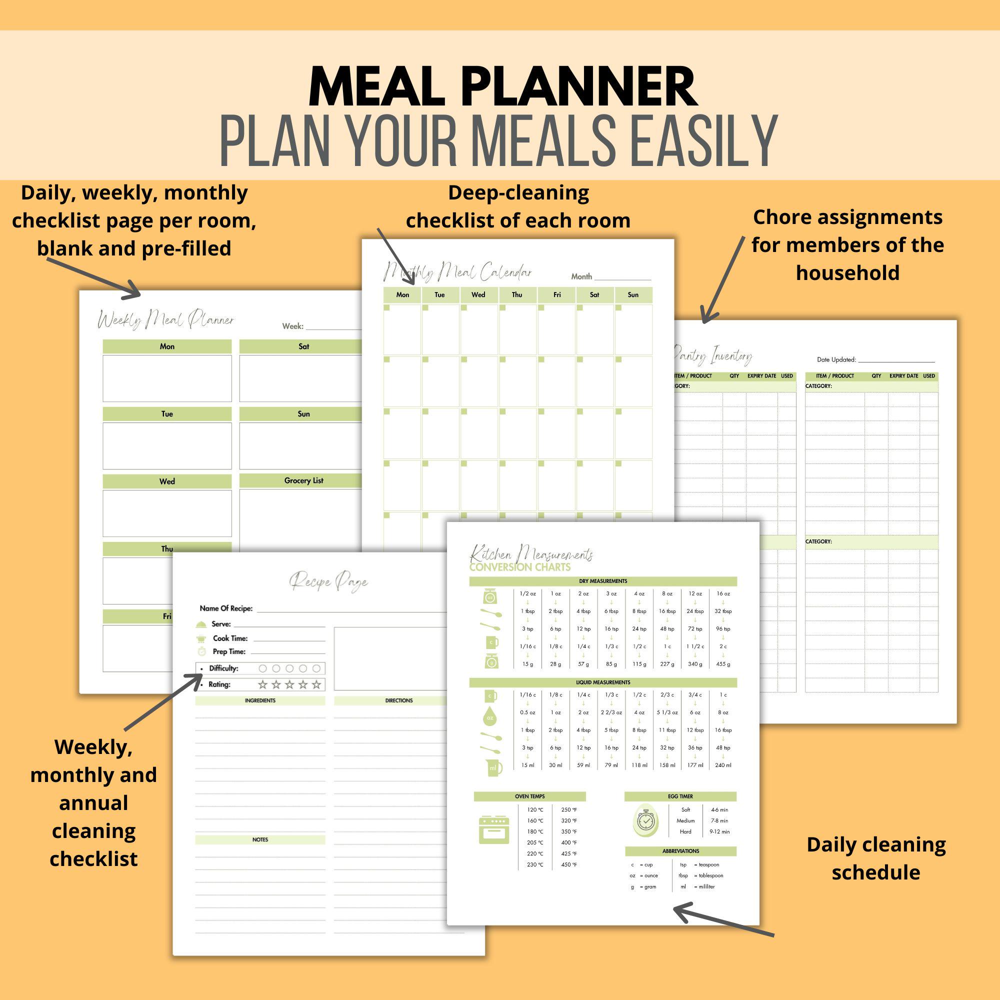 Printable Meal Menu Planner, Kitchen Inventory, Conversion Chart ...