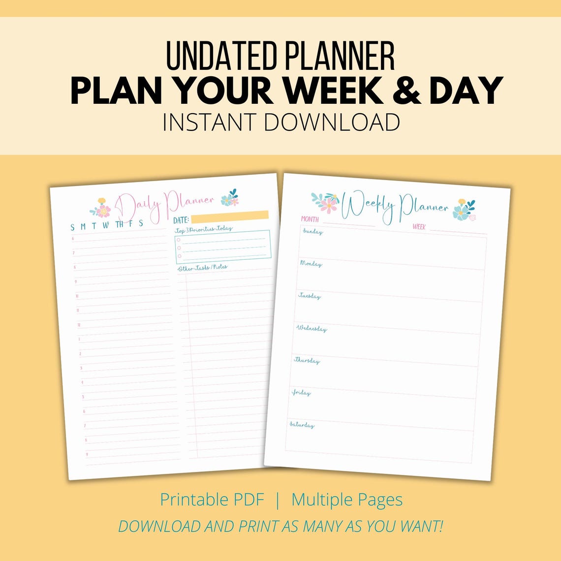 Undated Planner Printable: Yearly, Monthly, Weekly Organizer (digital ...