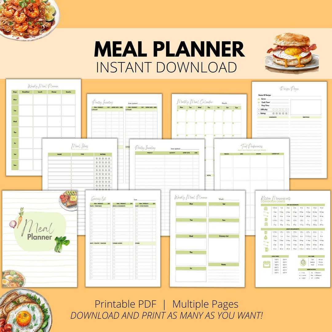 Printable Meal Menu Planner, Kitchen Inventory, Conversion Chart ...