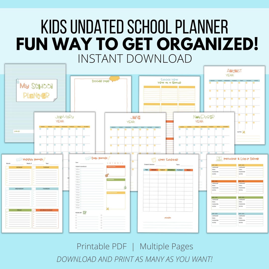 Kids Back to School Undated Planner Printable Digital Download - Letter ...