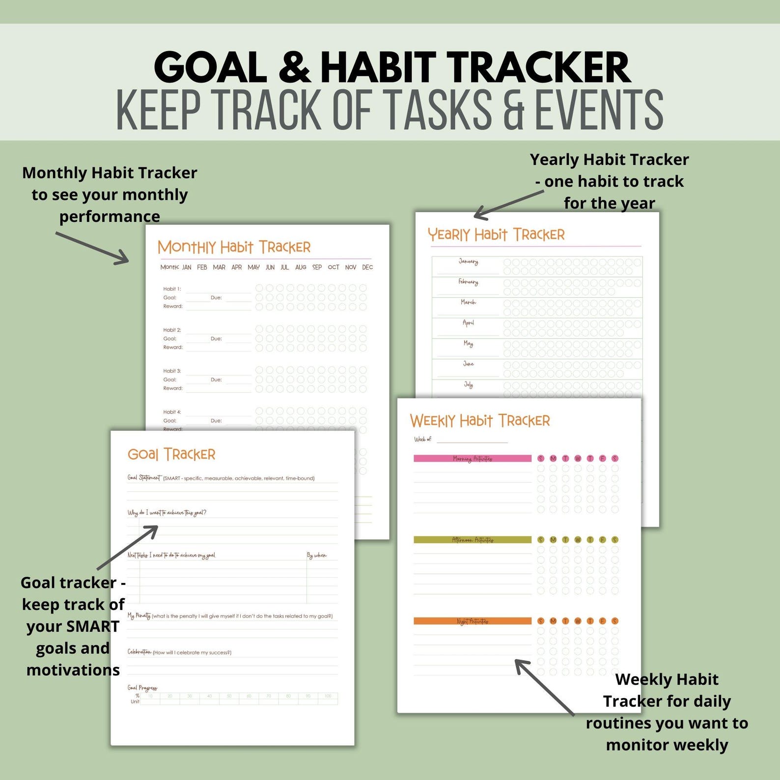 Goal and Habit Tracker Printable | Letter and A4 Size | Stay Organized ...