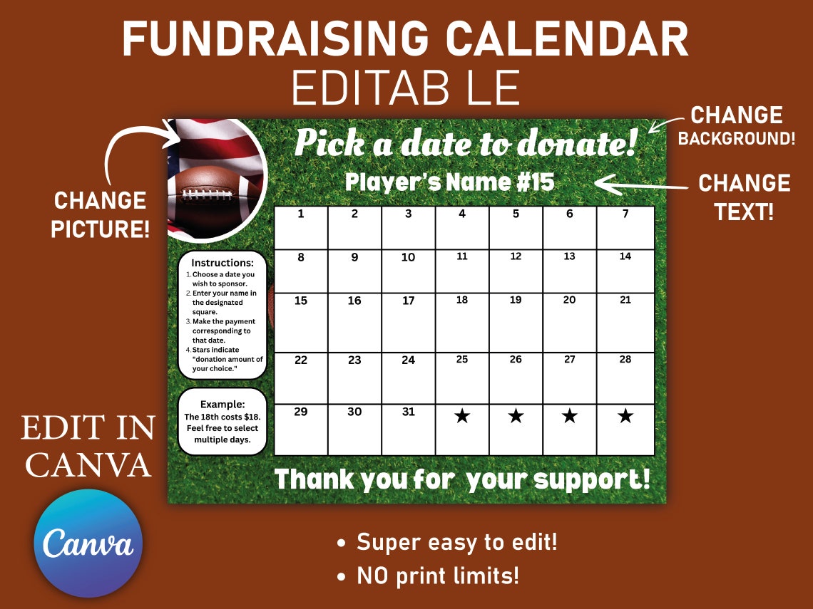 EDITABLE Fundraising Calendar, Football Pick a Date to Donate, Football ...