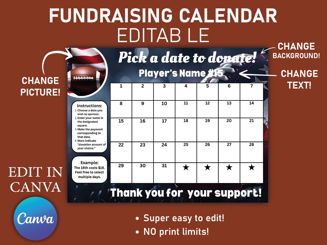 EDITABLE Fundraising Calendar, Football Pick a Date to Donate, Football ...