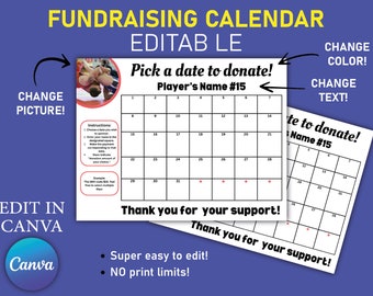 EDITABLE Fundraising Calendar, Volleyball, Pick a Date to Donate, Pay ...