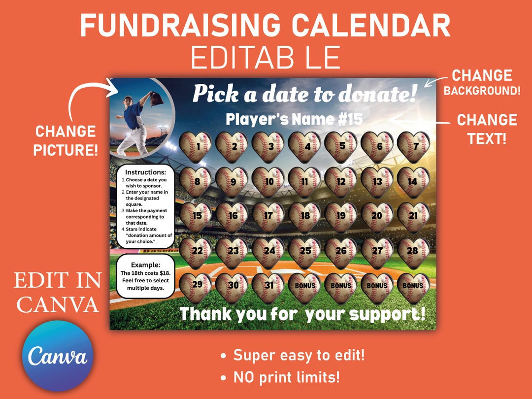 Editable Baseball Fundraiser Calendar, Calendar Fundraiser, Pick a Date ...