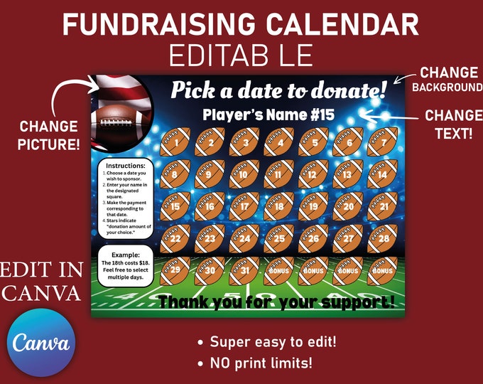 EDITABLE Fundraising Calendar, Football Pick a Date to Donate, Football ...