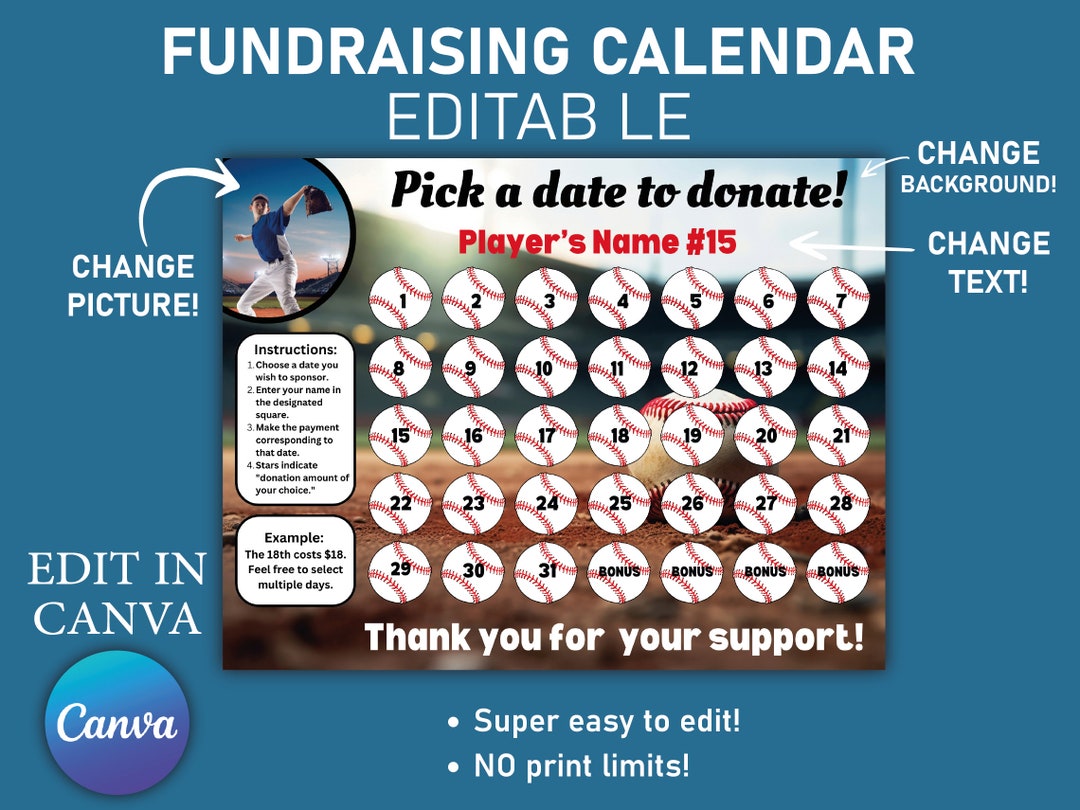 Editable Baseball Fundraiser Calendar, Calendar Fundraiser, Pick a Date ...