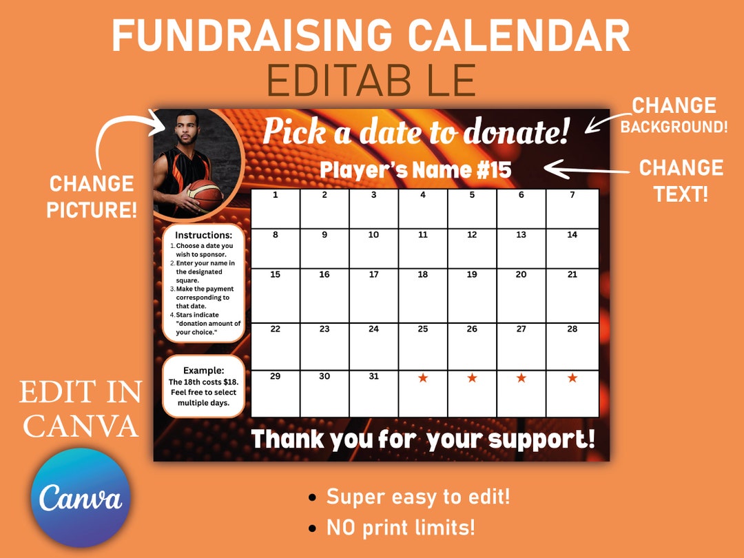 EDITABLE Fundraising Calendar, BASKETBALL Pick a Date to Donate ...