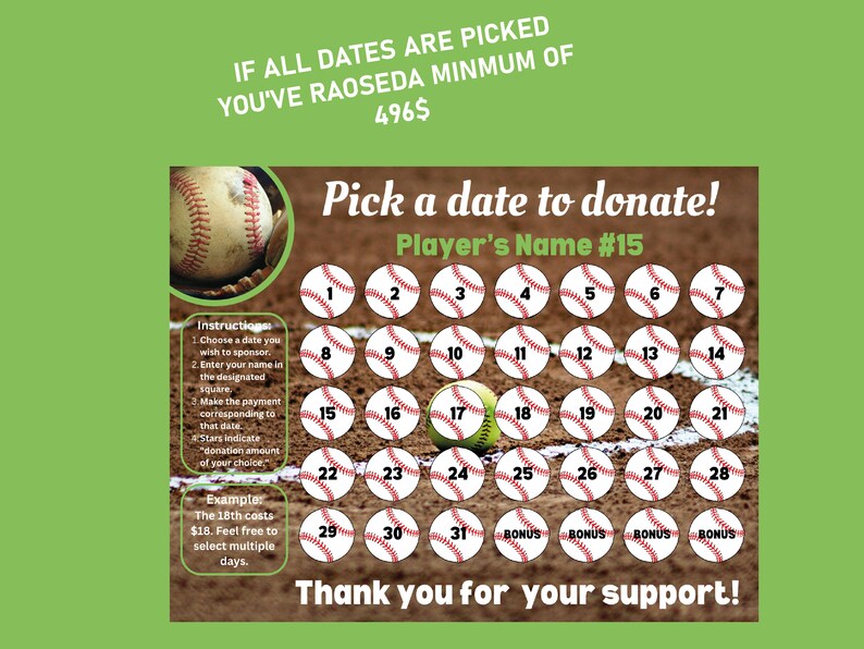 Editable Baseball Fundraiser Calendar, Calendar Fundraiser, Pick a Date ...
