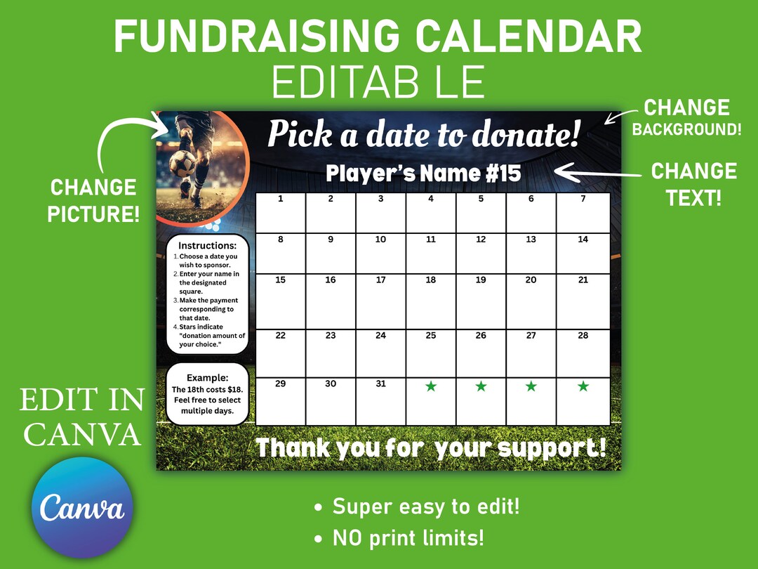 EDITABLE Fundraising Calendar, SOCCER Pick a Date to Donate, Soccer ...