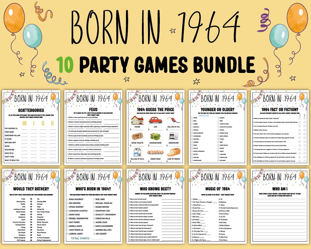 61th Birthday Party Games Bundle | Born in 1964 Games | 61th Birthday ...