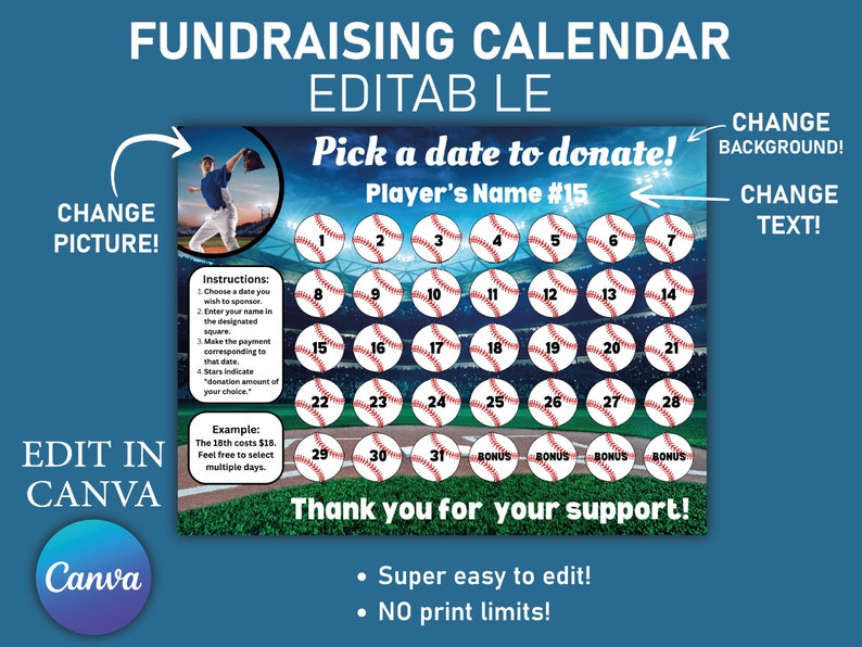 Editable Baseball Fundraiser Calendar Template (CANVA, US Letter) - Etsy