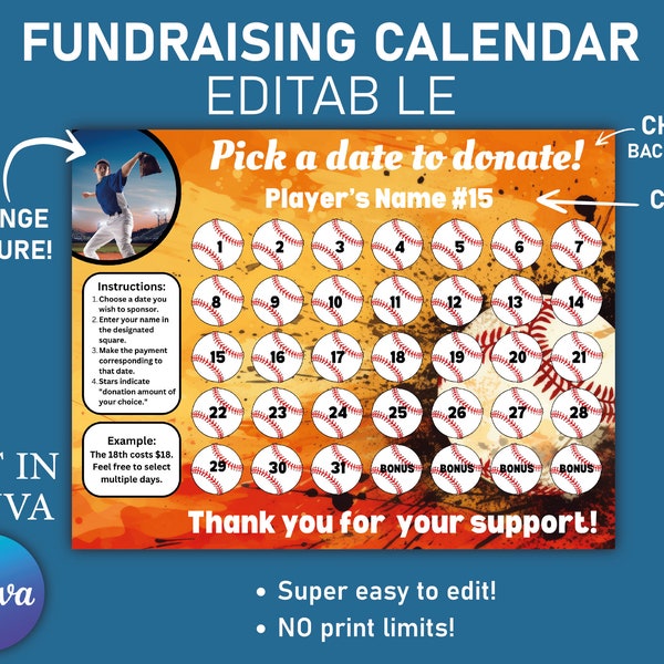 Baseball Fundraiser Calendar - Etsy