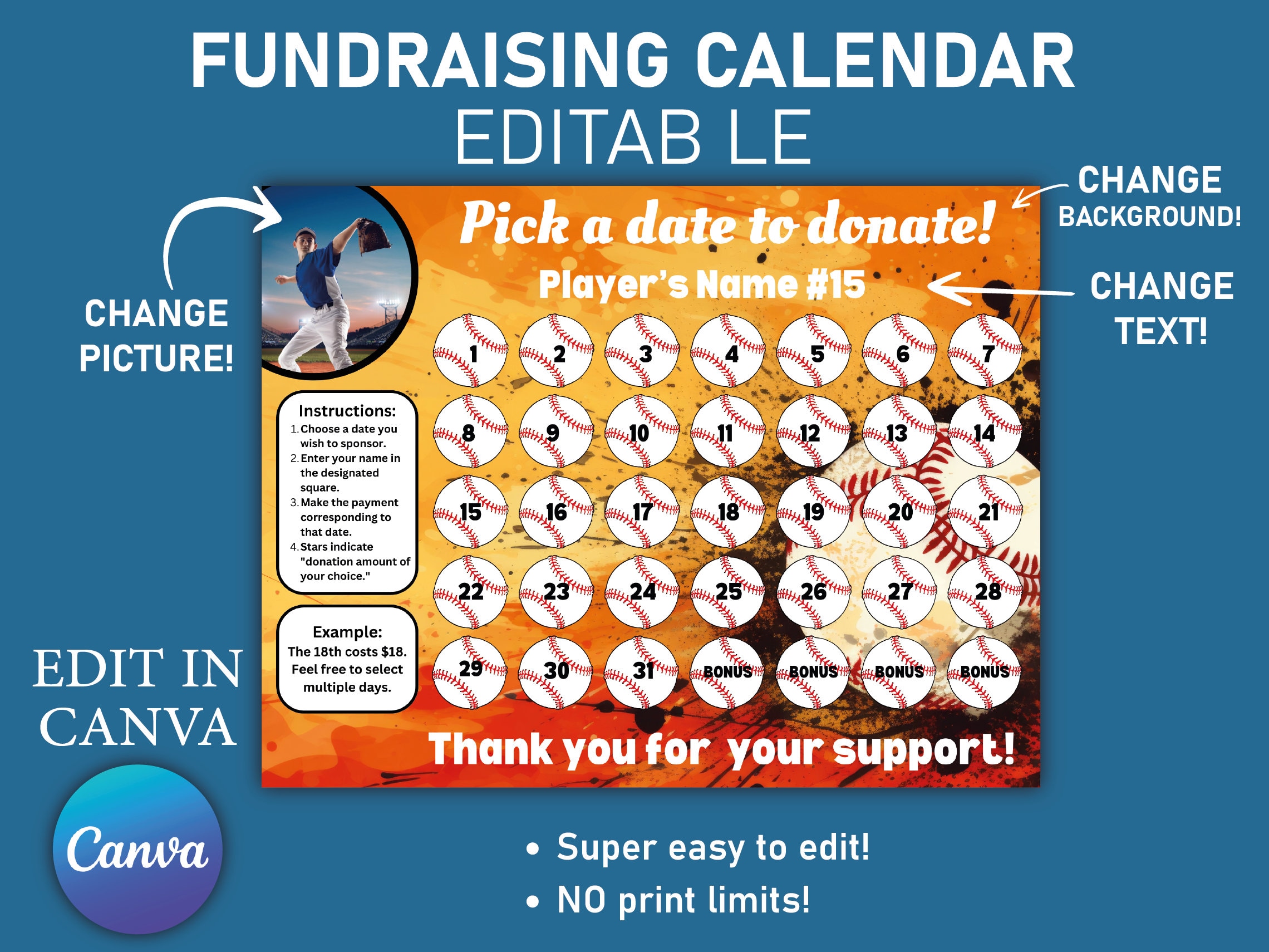 Editable Baseball Fundraiser Calendar, Calendar Fundraiser, Pick a Date ...
