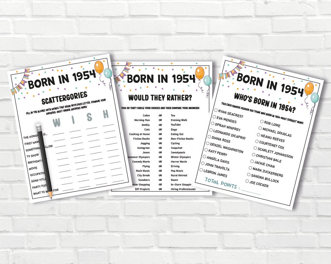 70th Birthday Party Games Bundle Born In 1954 Games 70th Birthday Games