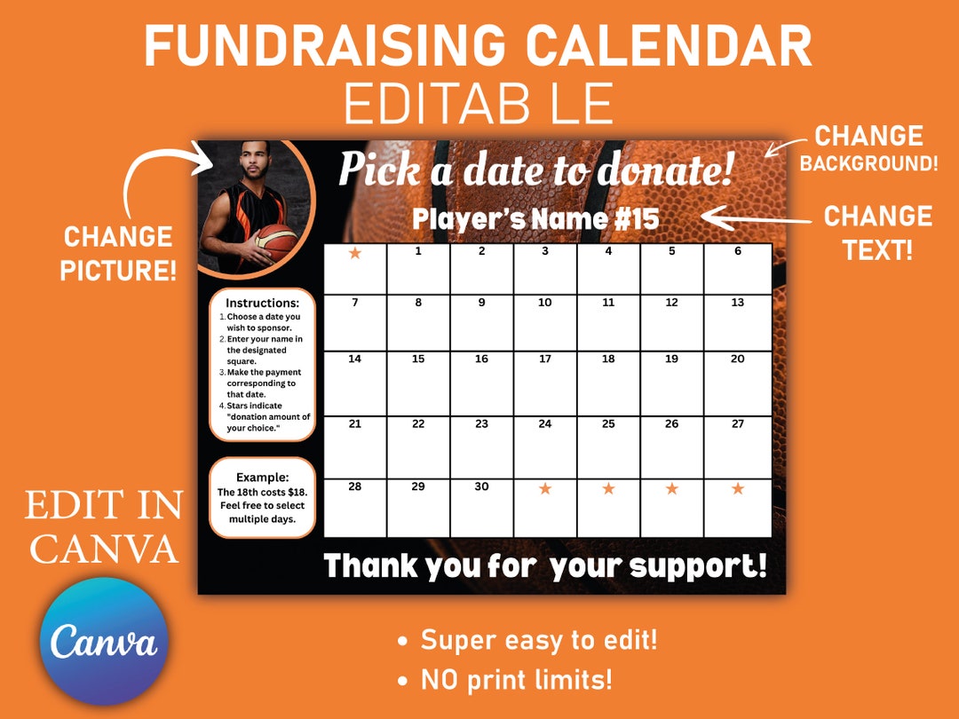 EDITABLE Fundraising Calendar, BASKETBALL Pick a Date to Donate ...