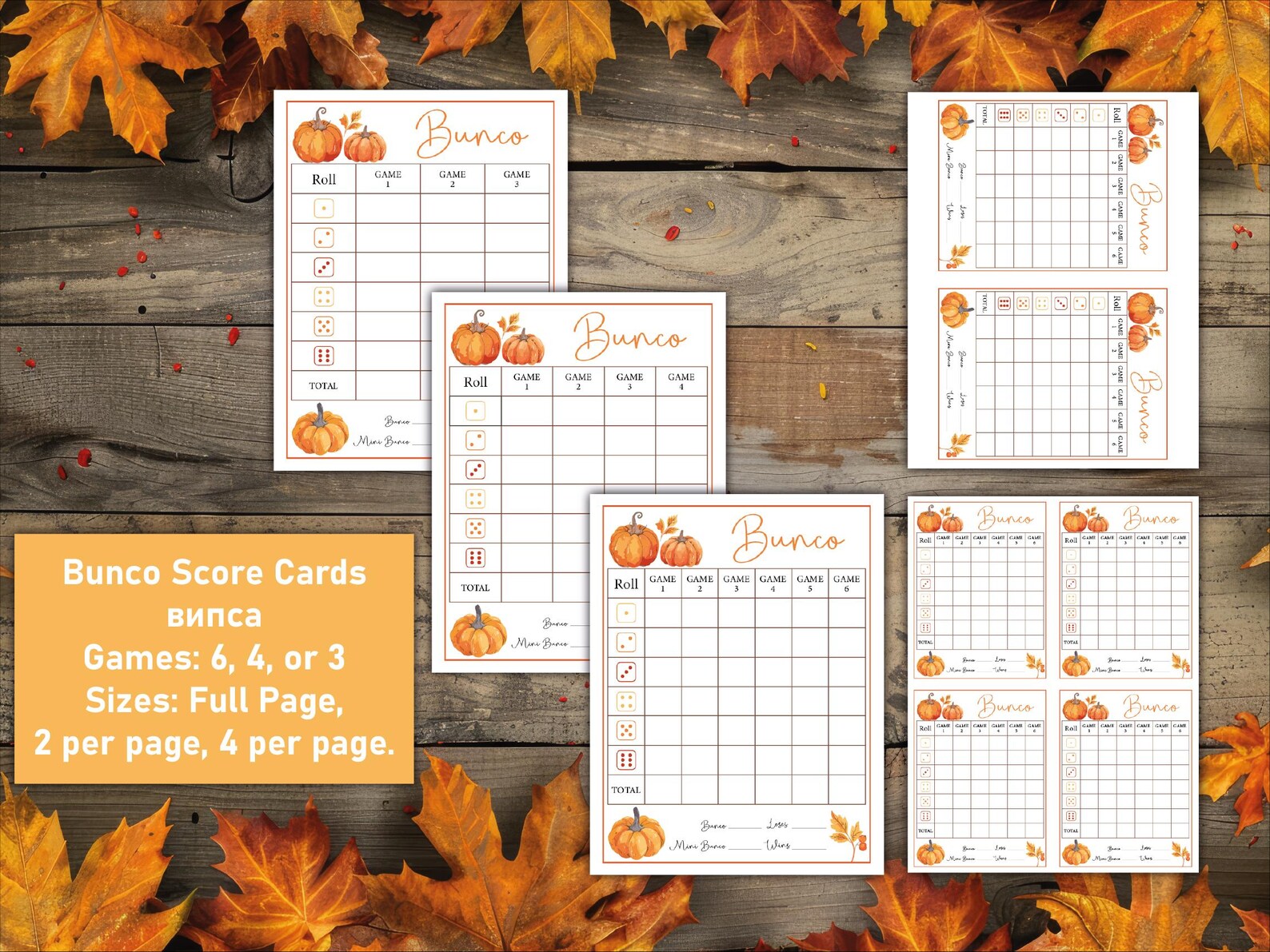Fall BUNCO Printable Bundle | Score Cards - Tally Sheets - Table Cards ...