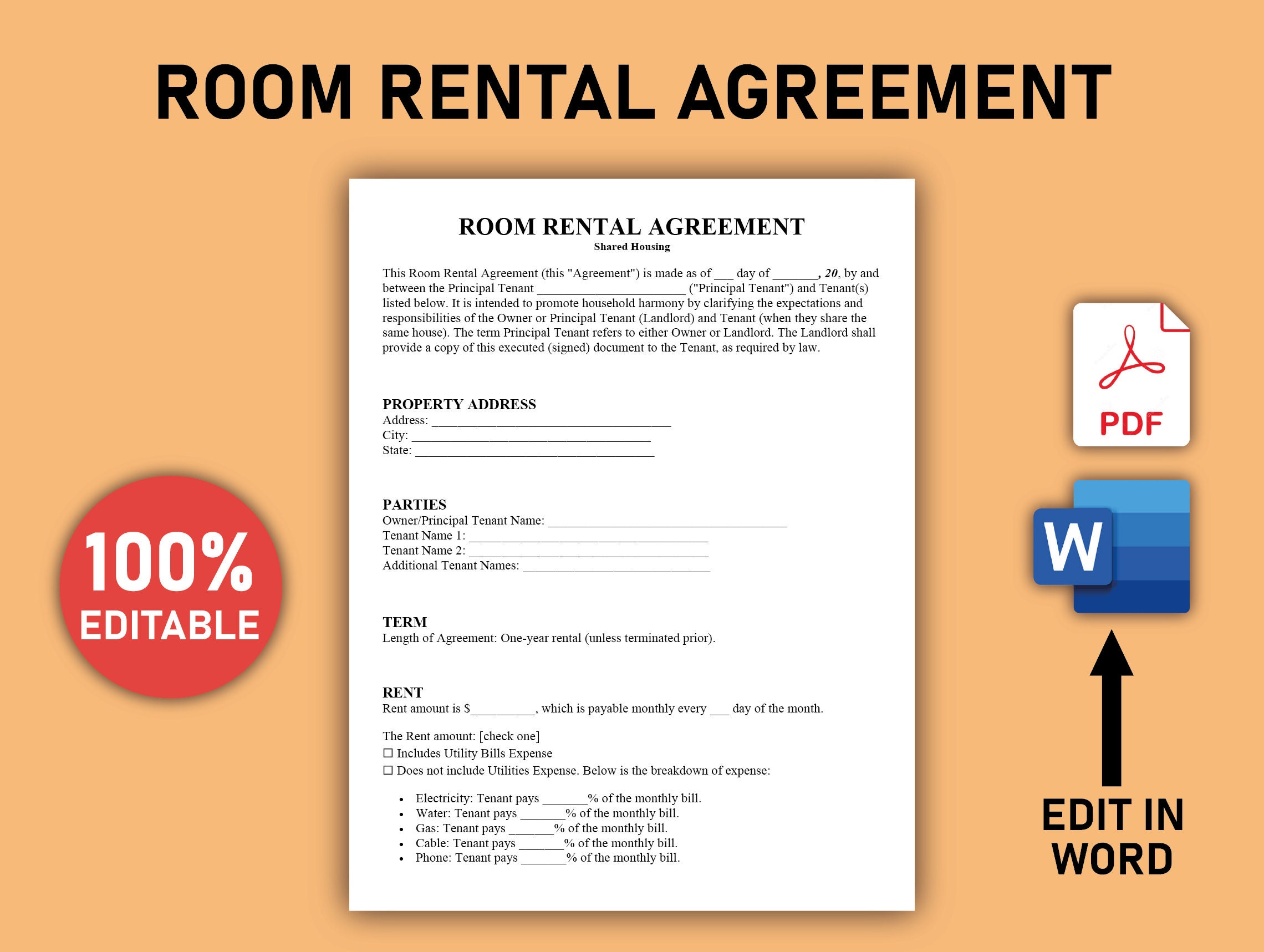 Room Rental Agreement, Lease Agreement, Rent Room, Roommate Room Rental ...