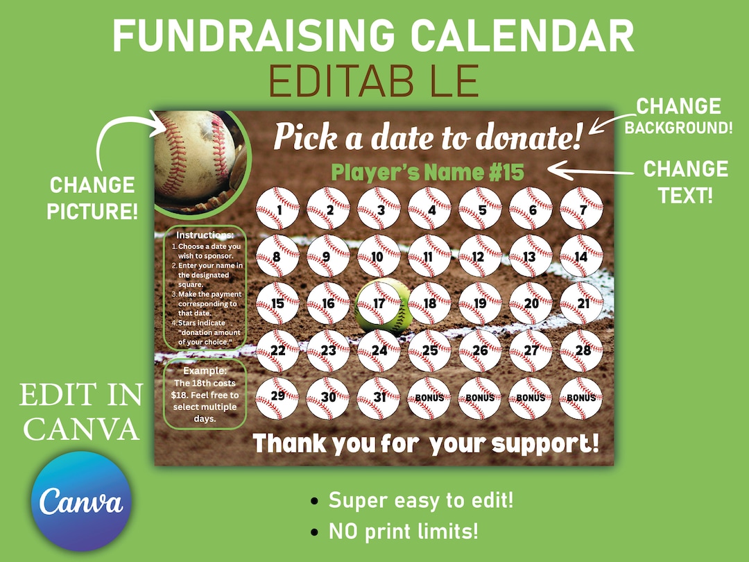 Editable Baseball Fundraiser Calendar, Calendar Fundraiser, Pick a Date ...