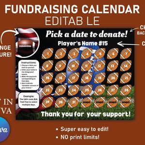 EDITABLE Fundraising Calendar, Football Pick a Date to Donate, Football ...