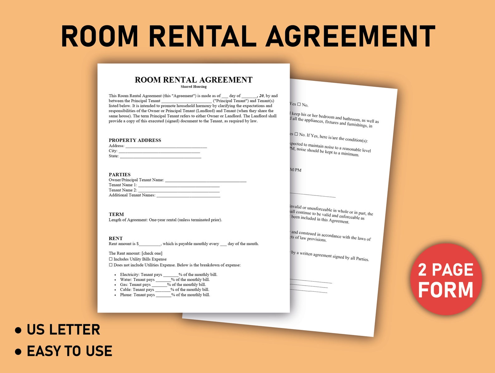 Room Rental Agreement, Lease Agreement, Rent Room, Roommate Room Rental ...