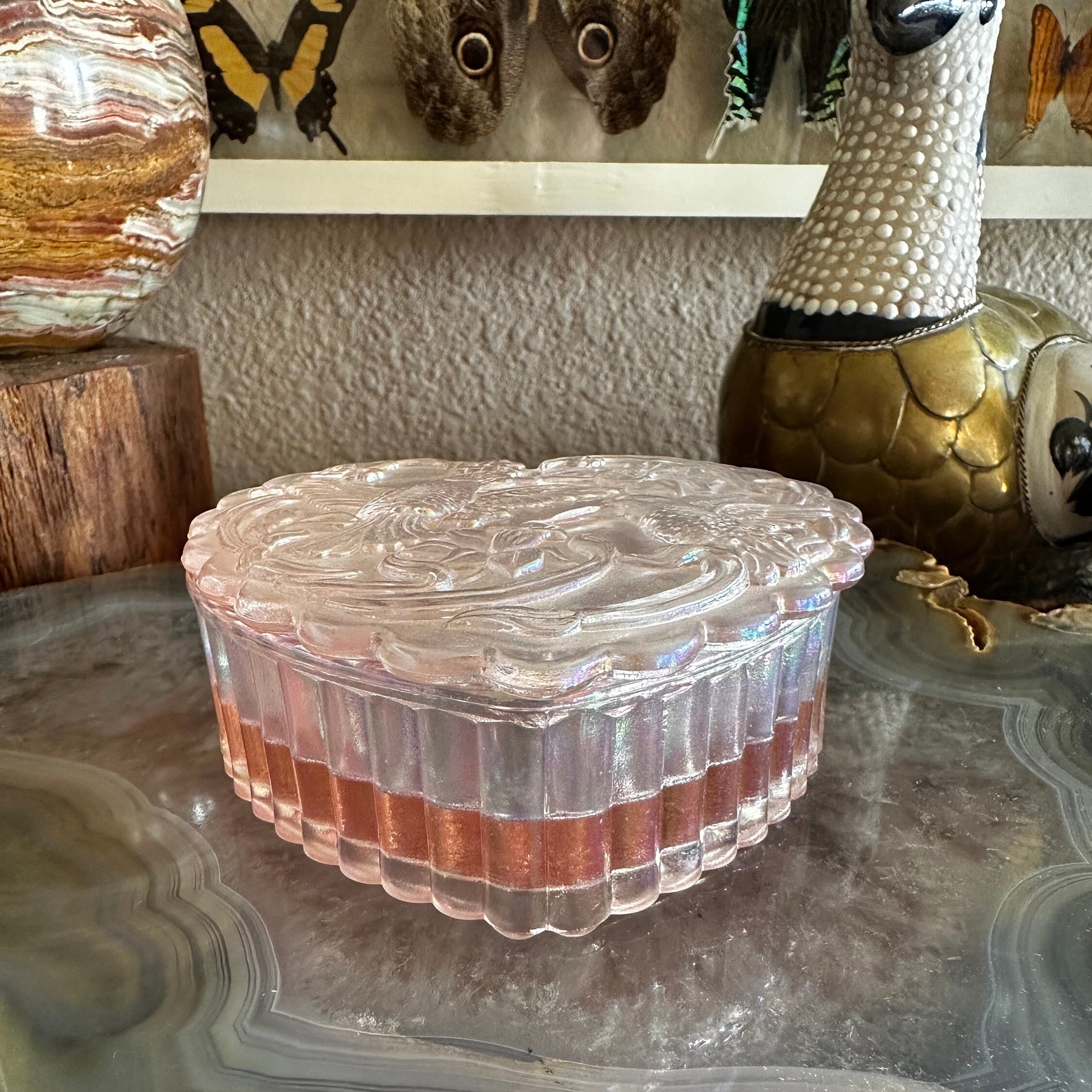 Vintage Fenton Pink Heart Shaped Iridescent Hummingbird Floral Lidded ...