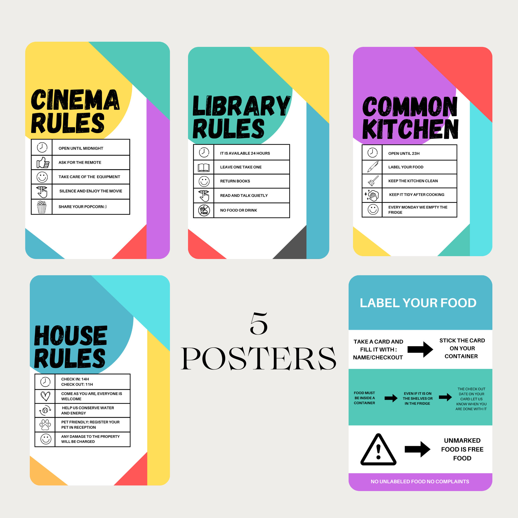 Hotel, Hostel and Airbnb Rules Sign Template Pack, Modern Posters ...