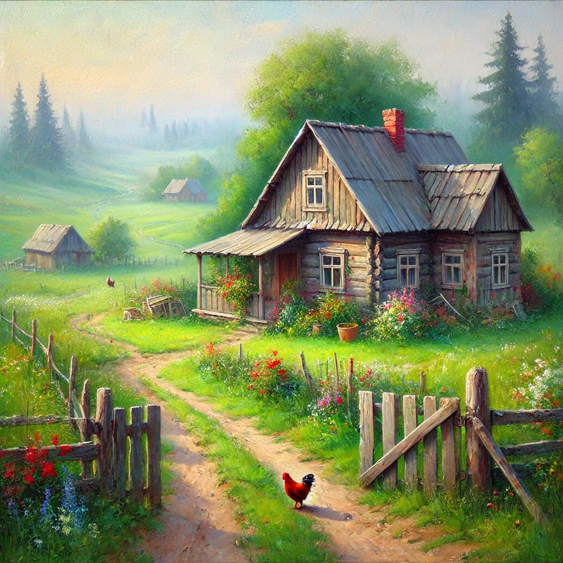 A Charming Oil Painting of a Rustic Countryside Scene, Featuring a Cozy ...