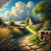An Oil Painting Depicting a Rustic Stone Pathway Winding Through a Lush ...
