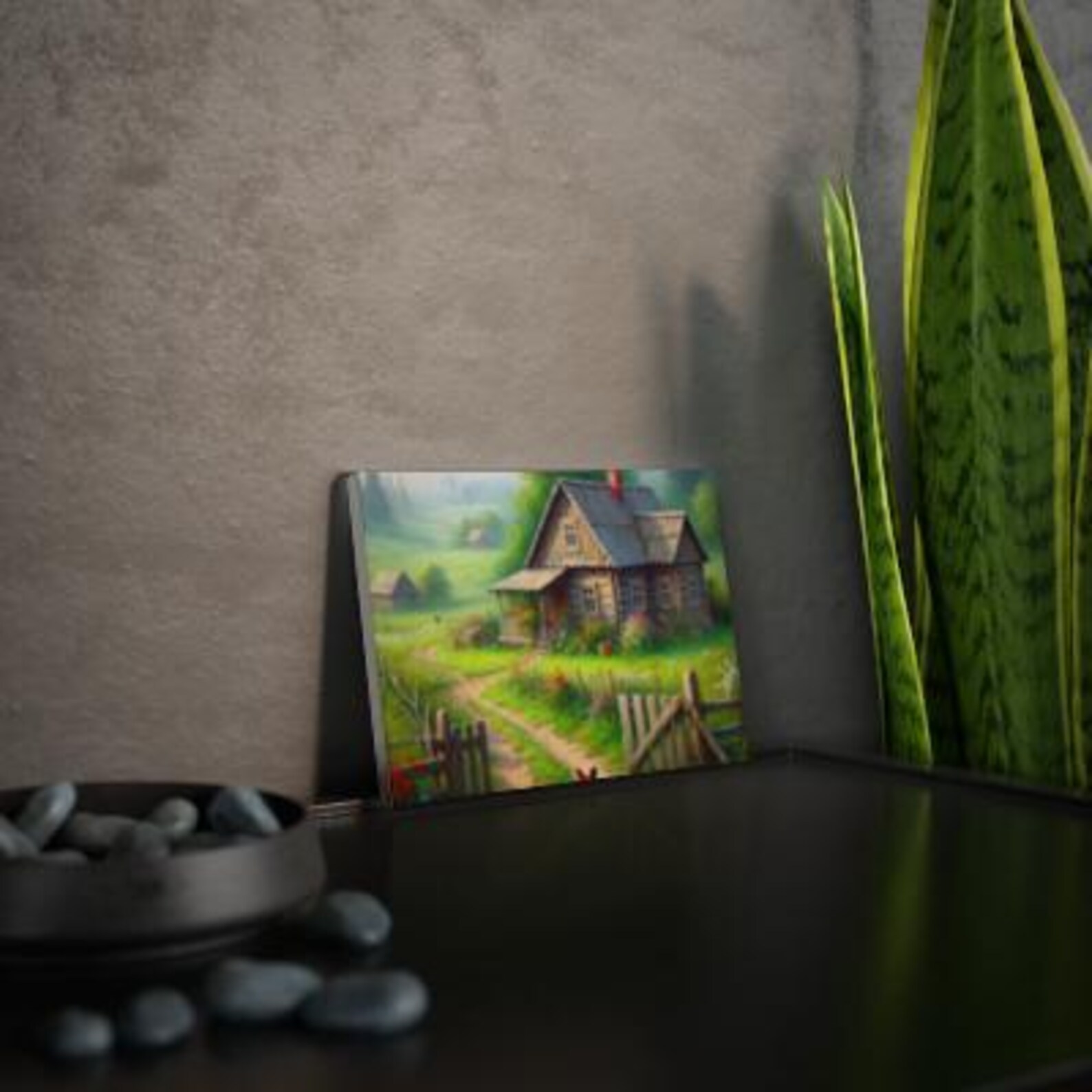 A Charming Oil Painting of a Rustic Countryside Scene, Featuring a Cozy ...