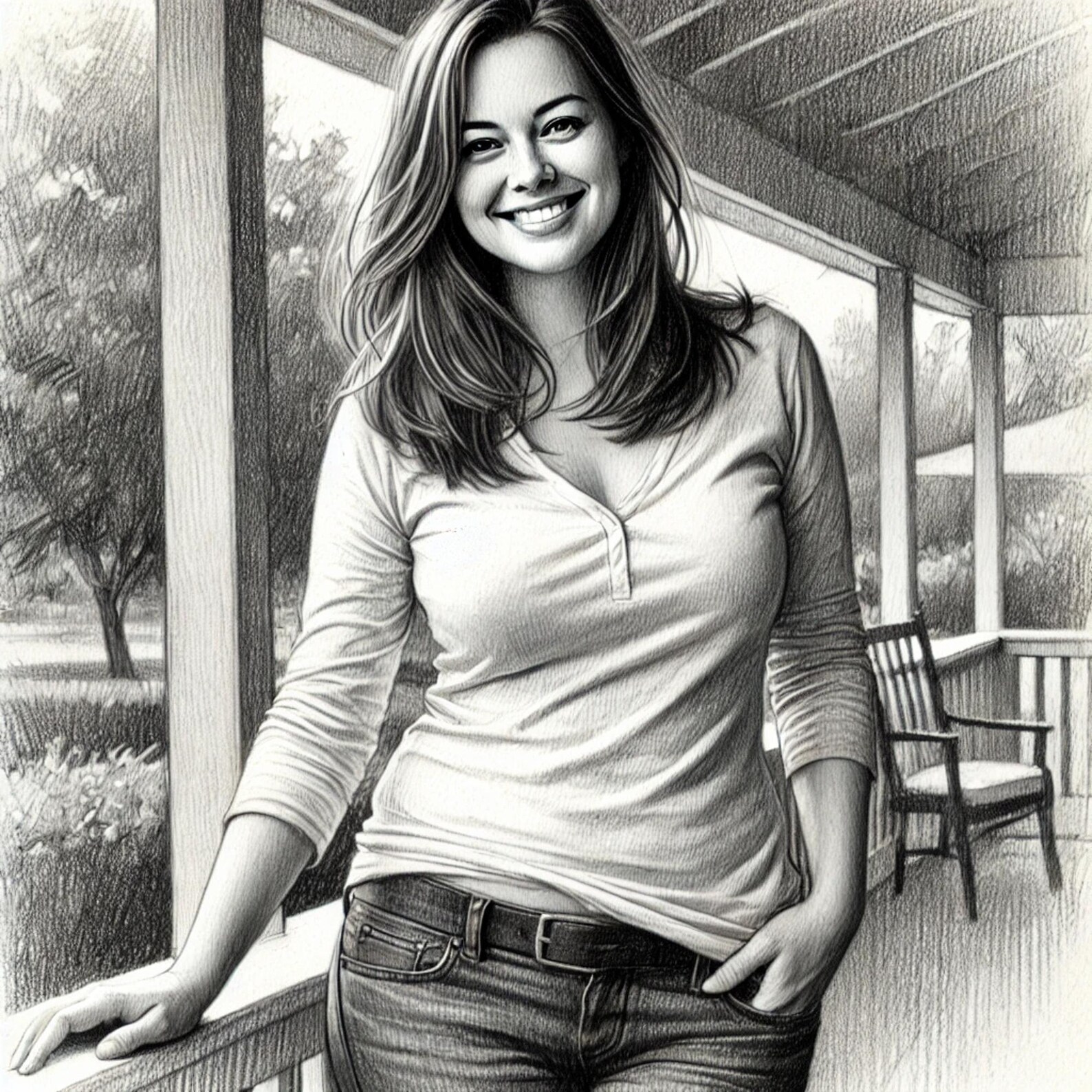 A Pencil Sketch of a Smiling Full Figured Woman Standing Outdoors on a ...