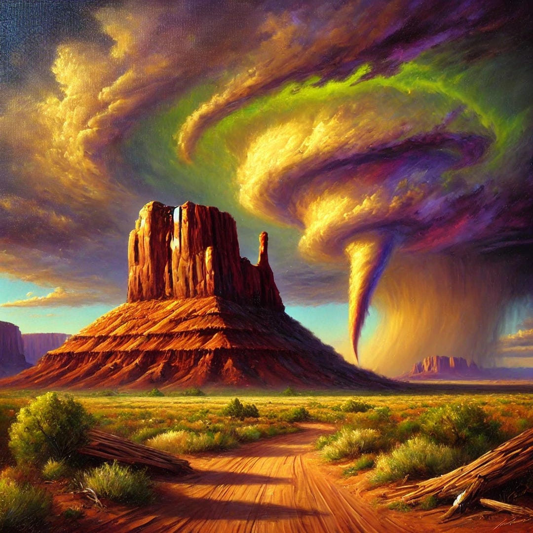 A Dramatic Oil Painting of a Towering Desert Rock Formation Under a ...