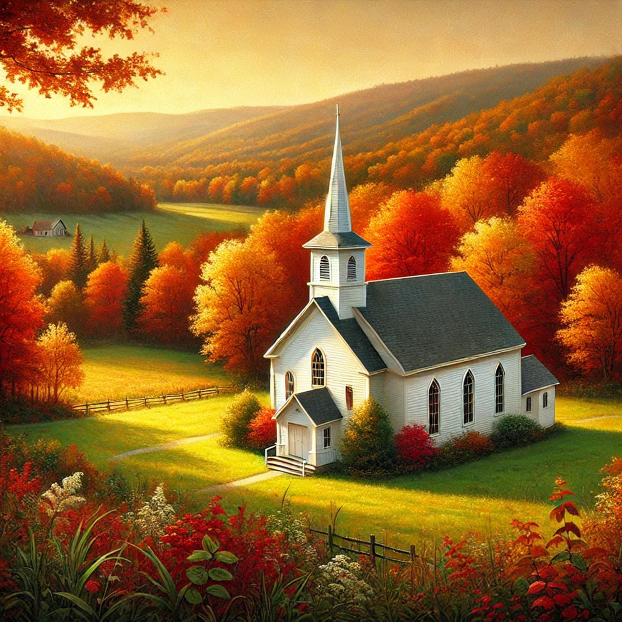 A Charming Oil Painting of a White Church Nestled in the Heart of a ...
