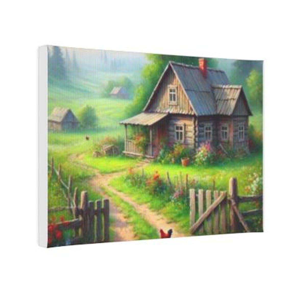 A Charming Oil Painting of a Rustic Countryside Scene, Featuring a Cozy ...