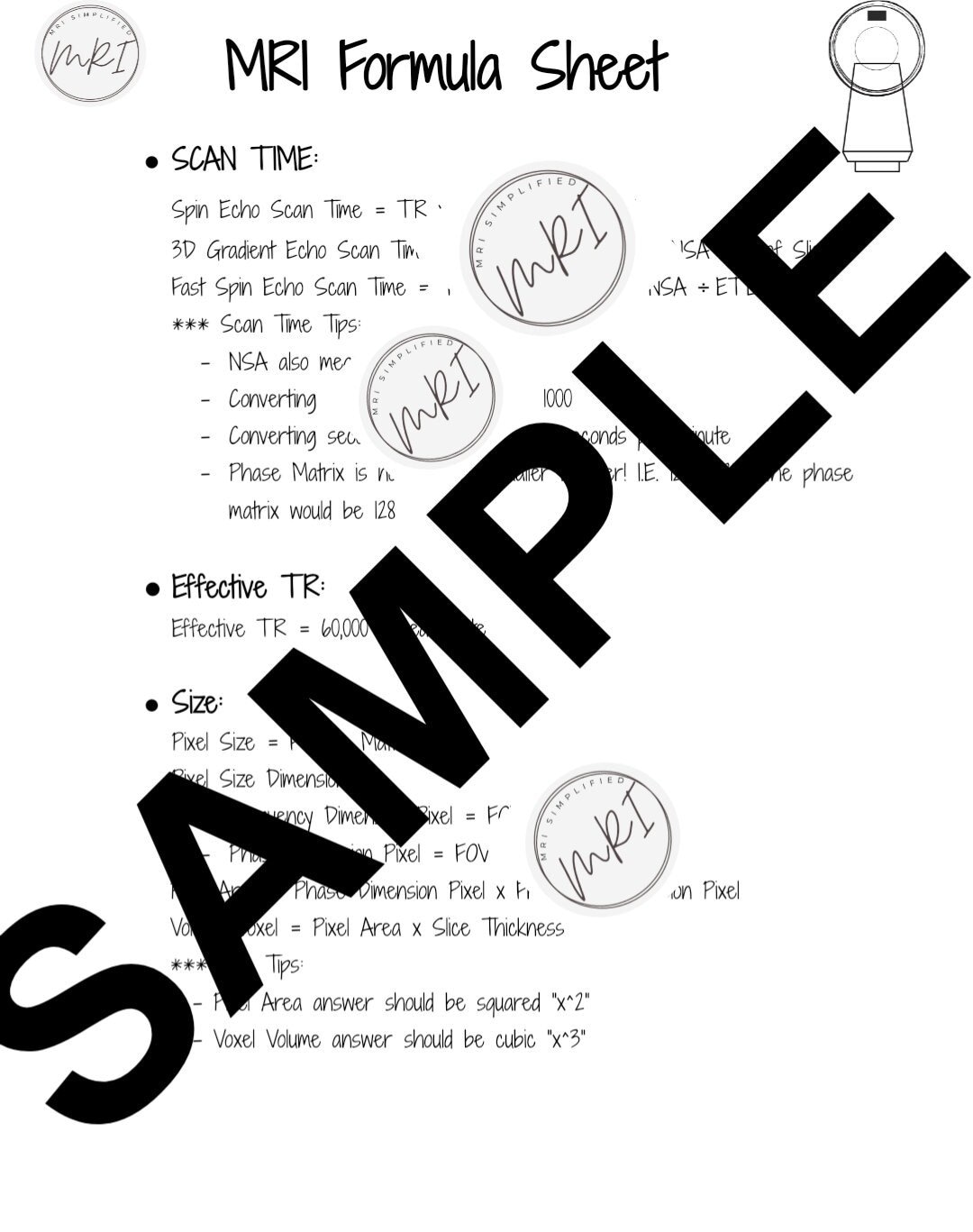 MRI Formula Sheet - Etsy