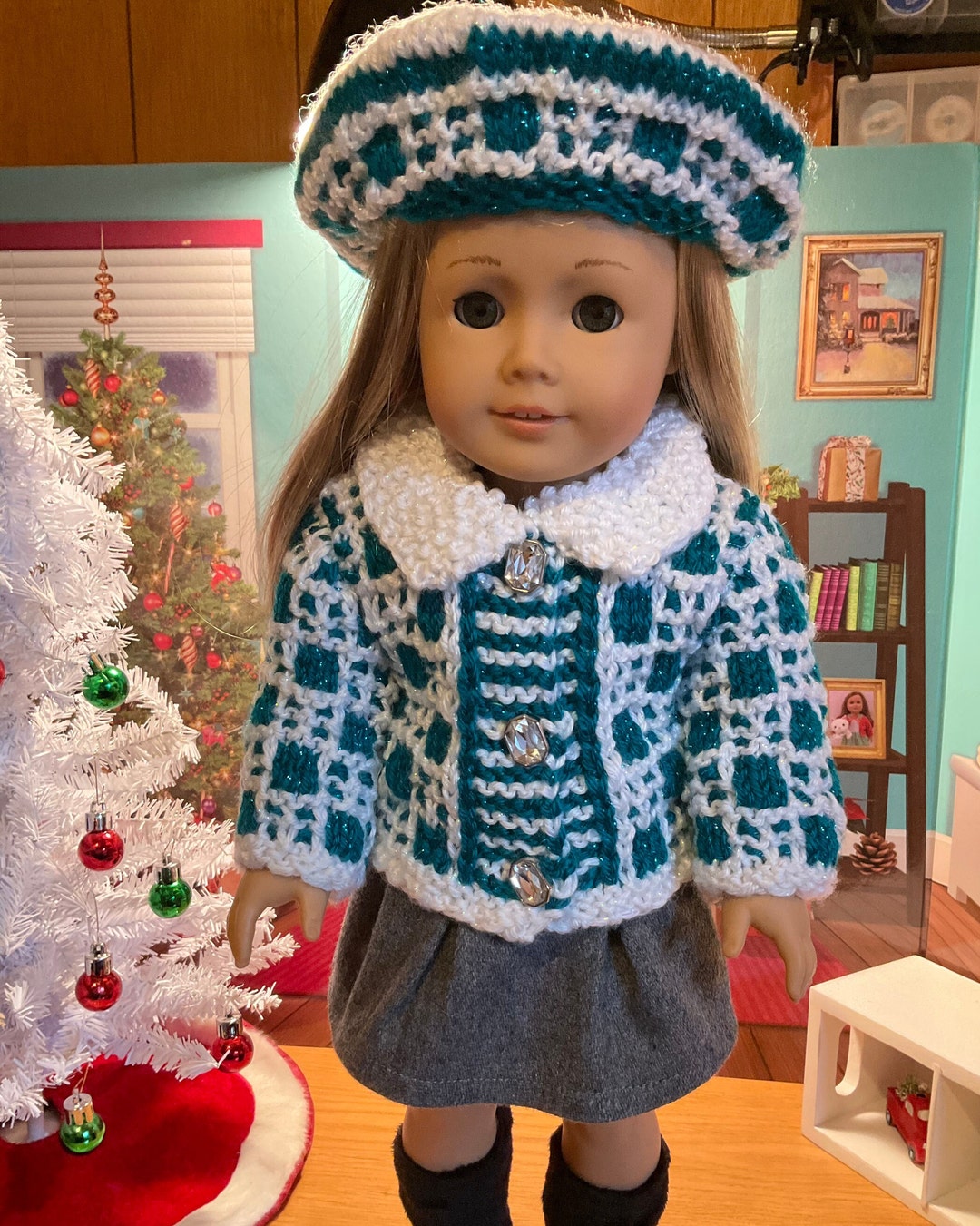 Lovely Window Pane Hand Knit Sweater With Matching Beret, Skirt and ...