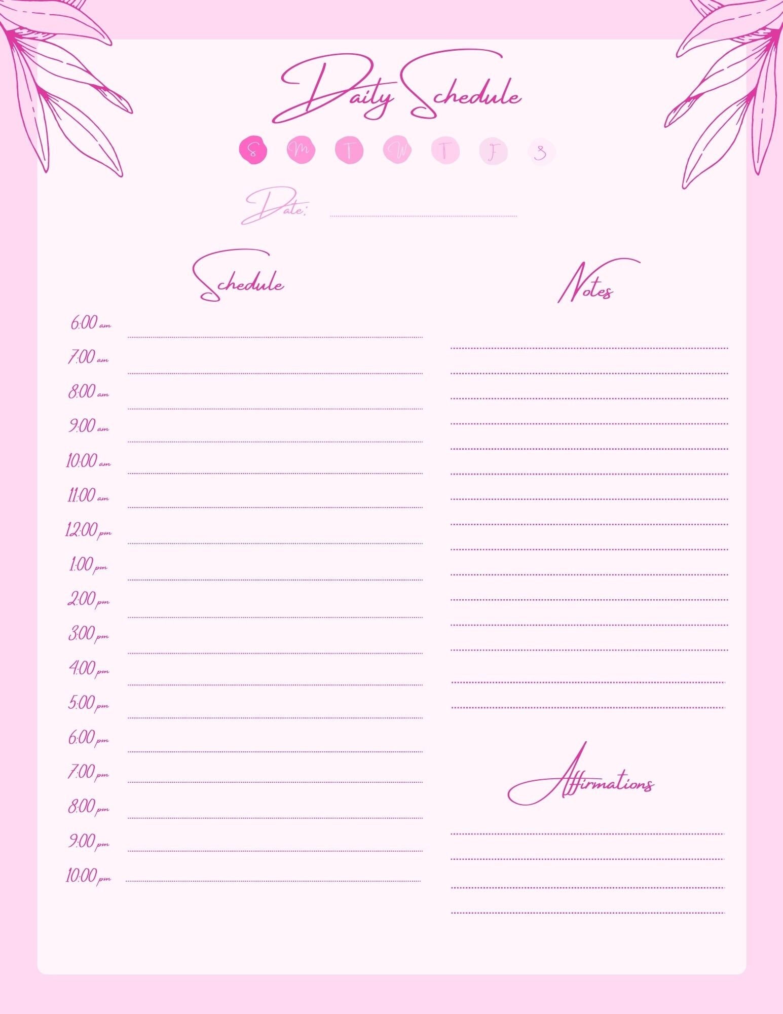 Printable Daily Schedule- Cute, Monochromatic, Pink and Botanical! - Etsy