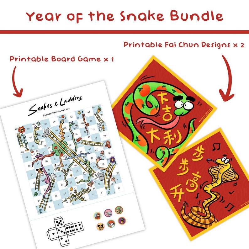 Printable 2025 Lunar New Year Bundle - Year of the Snake (set of 3, Fai ...