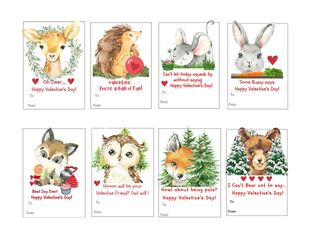 Cute Woodland Animals Kids Valentine Cards, Digital Printable, 8 ...