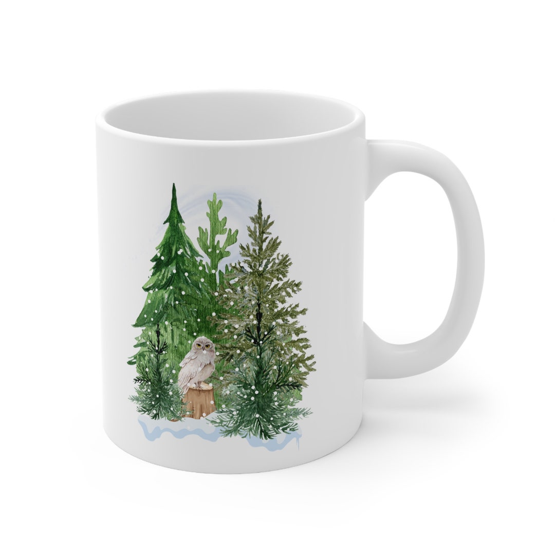Snow Owl Mug, Winter Wonderland Woodland Series, Evergreen Tree Mugs ...