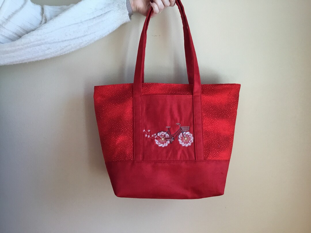 Red Bicycle Tote Day Bag With Embroidered Pocket Overnight Bag ...