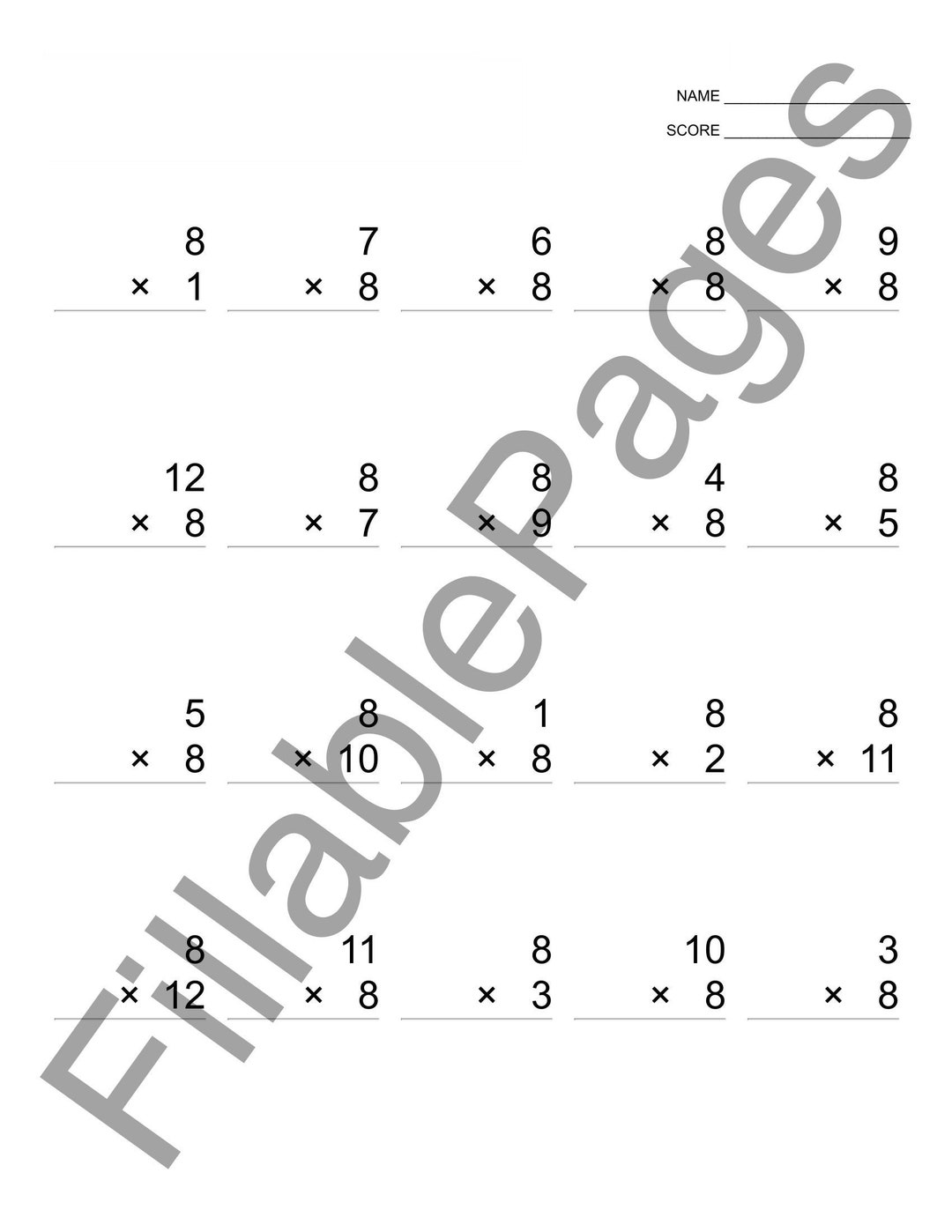 10 Multiplication Worksheets 8x1 to 8x12 Minute Math Quiz ...