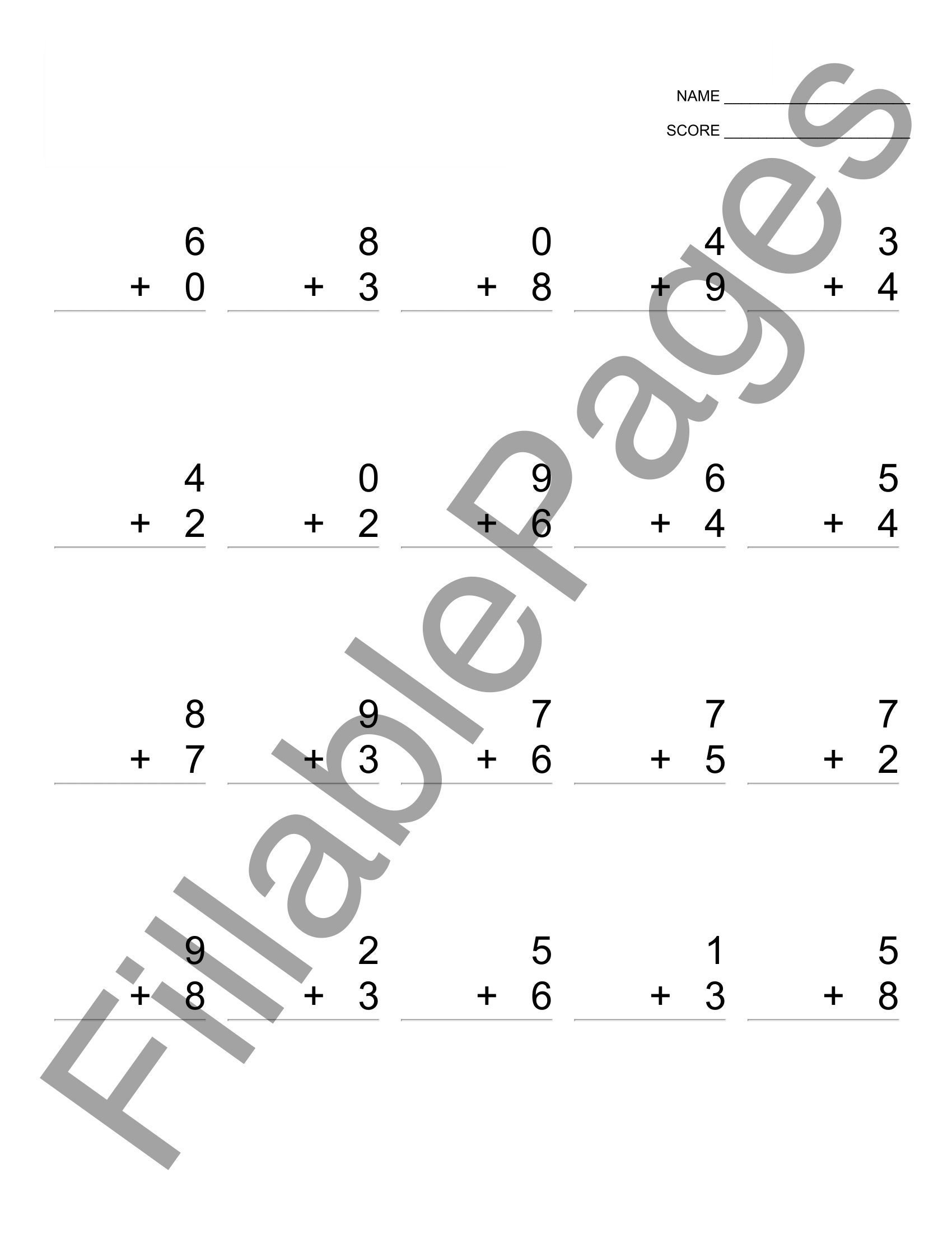10 Addition Worksheets Using Digits 0 9 Single Digit Addition Minute ...