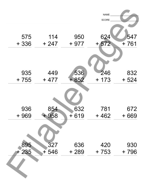 10 Addition Worksheets Using Digits 100 999 Triple Digit - Etsy