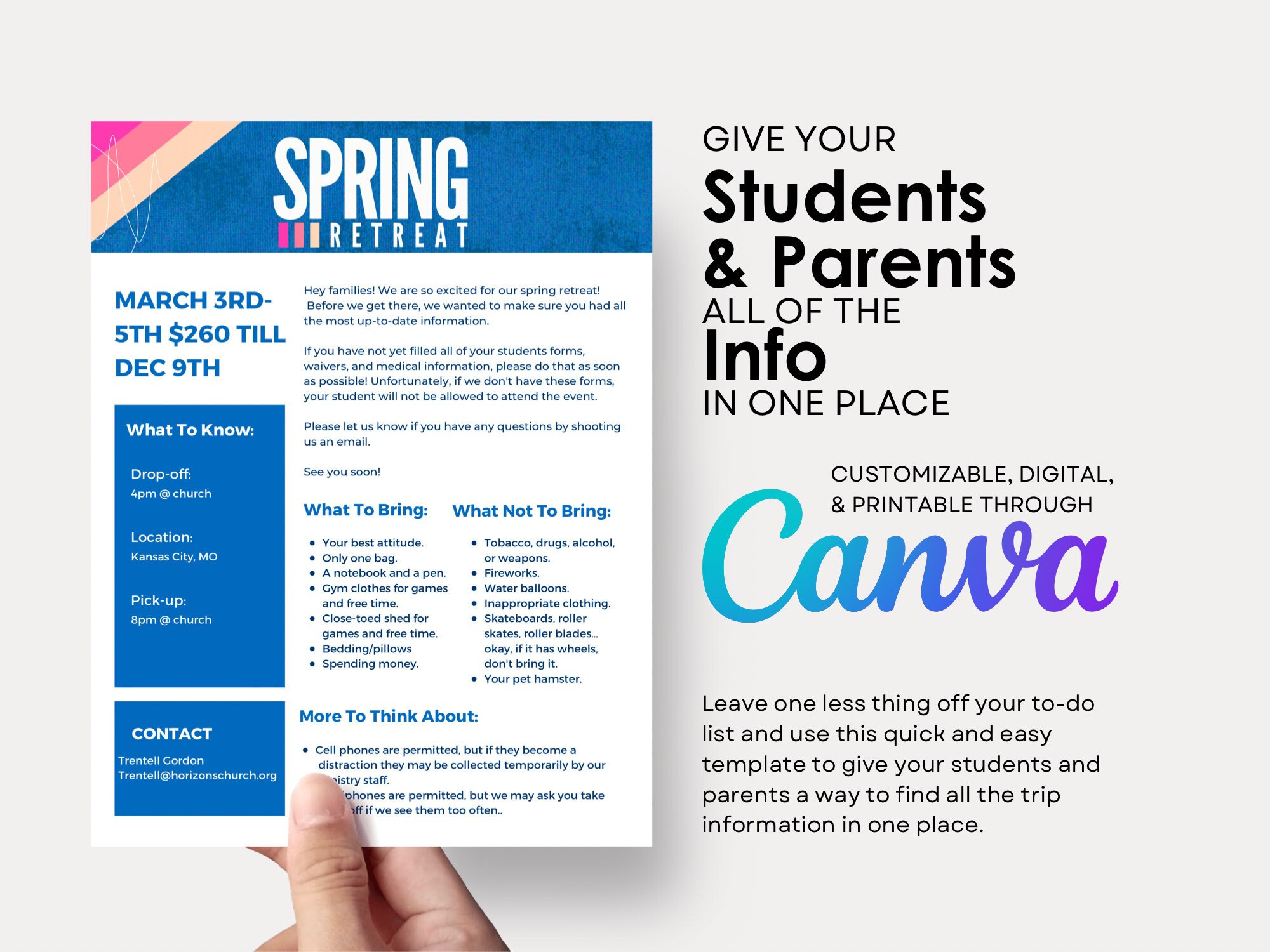 Youth Trip Information Handout | Canva | Template | Retreat | Youth ...