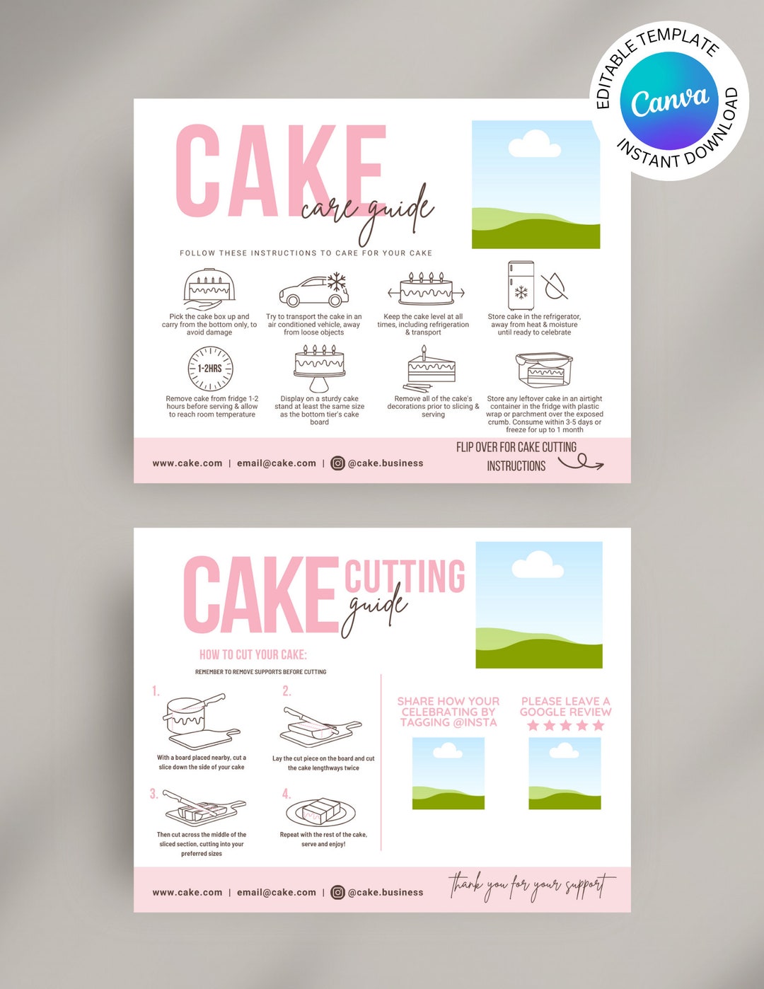 Cake Care & Cutting Guide Card: Editable Canva Template (digital ...